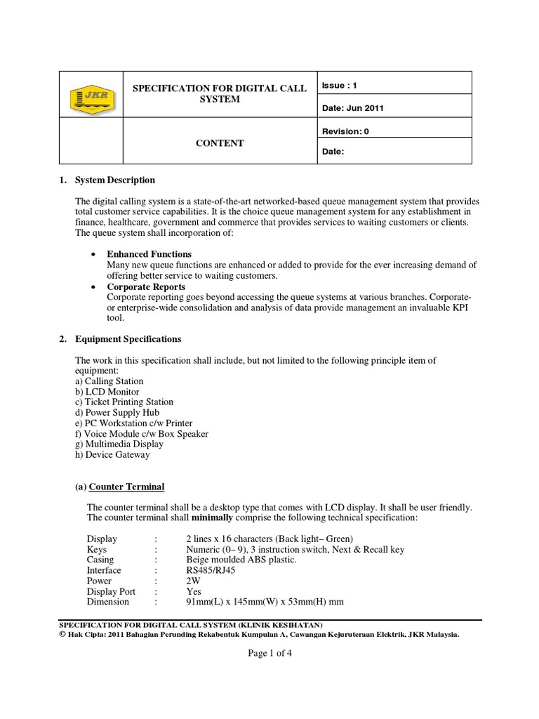 Specification For Digital Call System | Download Free PDF | Computer Monitor | Personal Computers