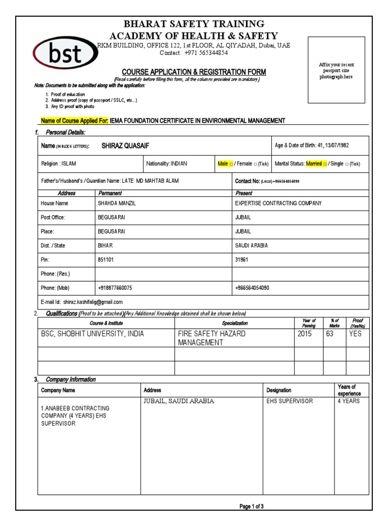 BST Candidate Registration Form | PDF