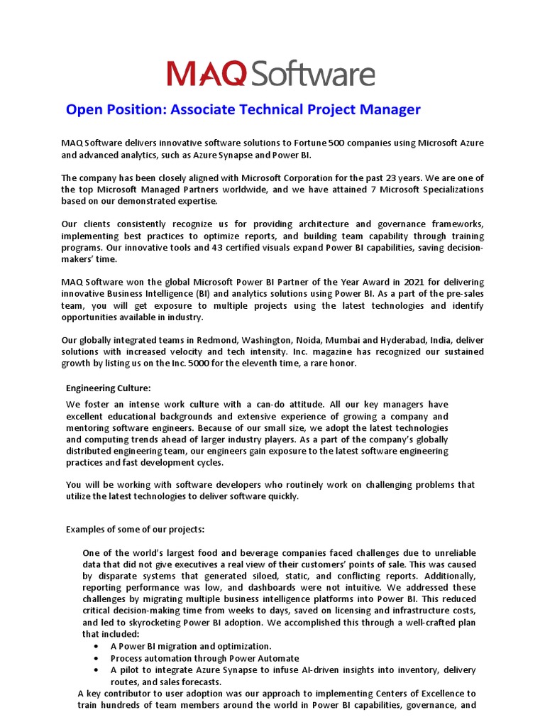MAQ Software - Job Description - Associate Technical Project Manager | PDF | Project Management ...