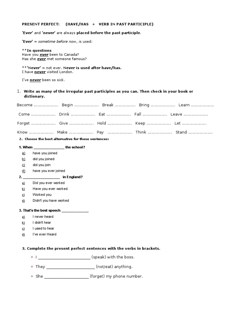 7th Present Perfect - Handout | PDF | Language Arts & Discipline