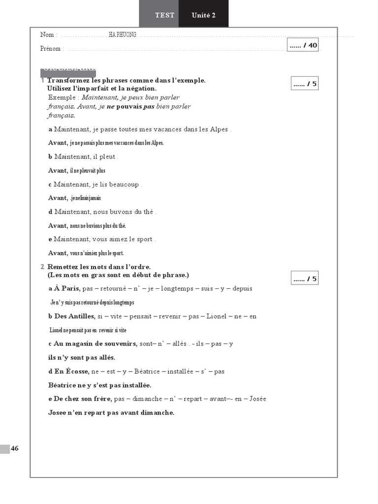 Test Unité 2 - A2 | PDF | Études des langues étrangères | Maison et jardin
