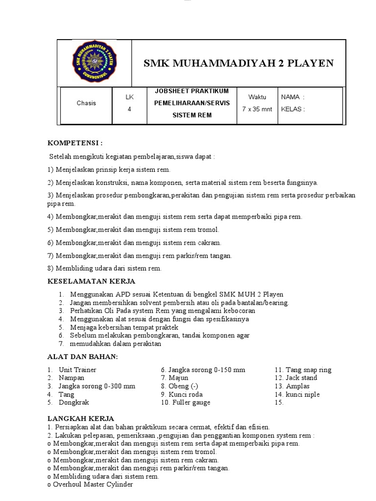 Jobsheet Pemeliharaan Sistem Rem | PDF