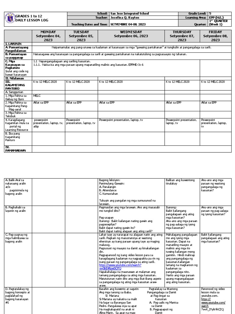 DLL - EPP HE Week 1 Sept. 4 8 Janet | PDF