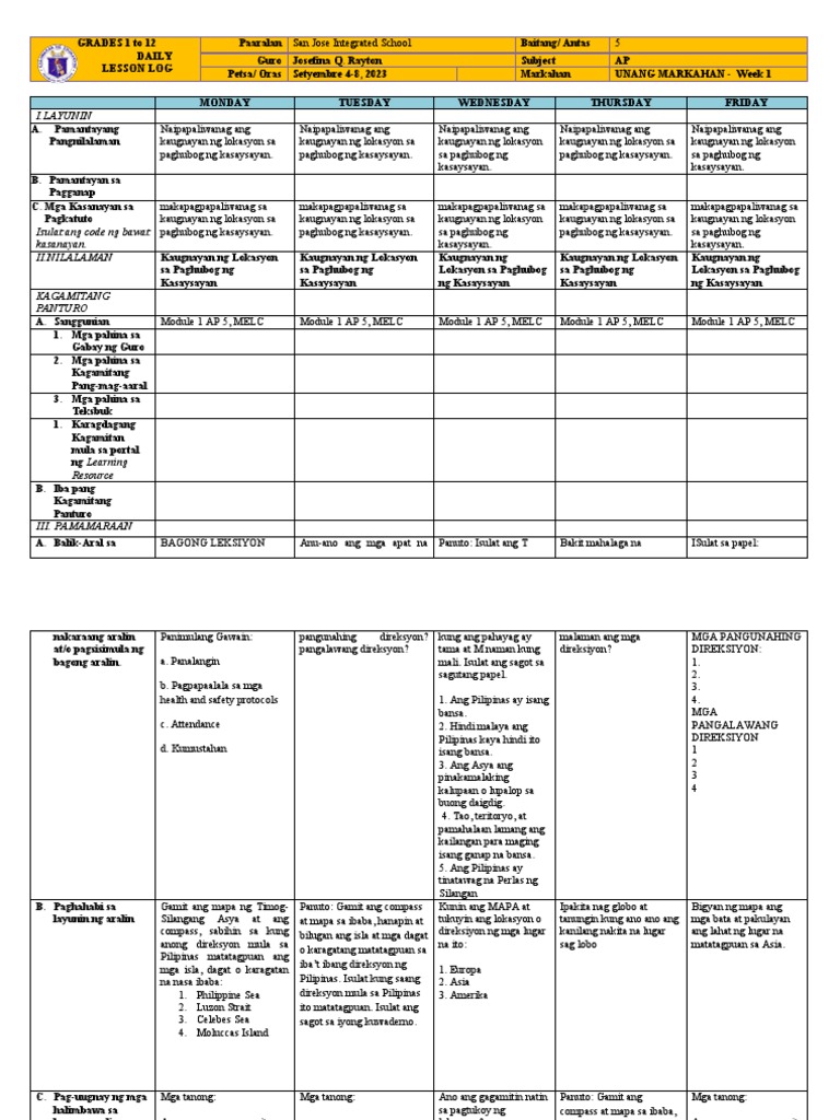 DLL WEEK 1 AP gr.5 | PDF