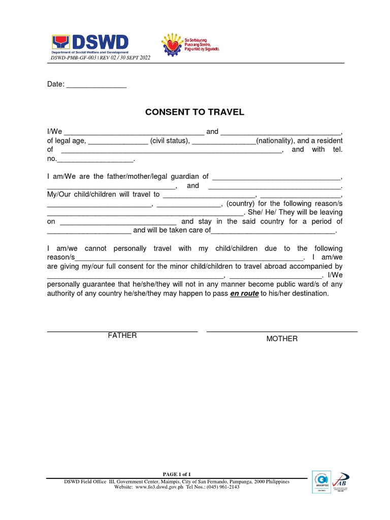 DSWD Consent to Travel Form Template | PDF