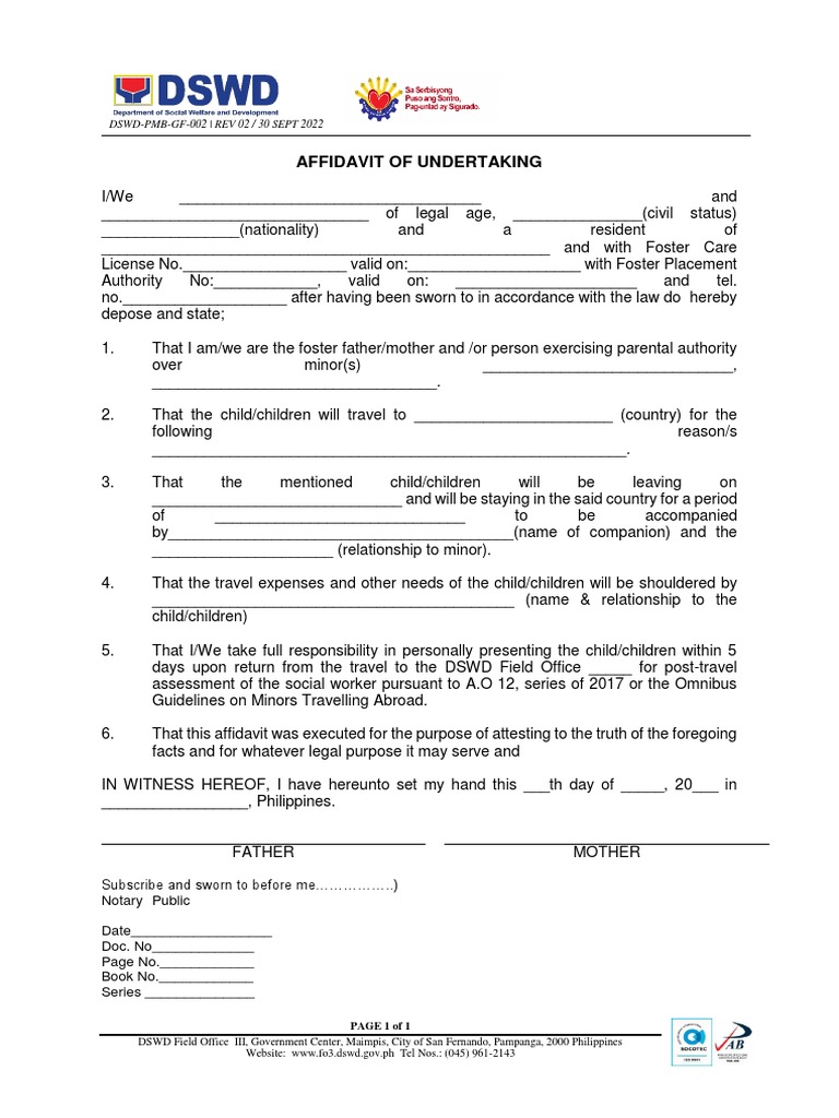 DSWD Affidavit of Undertaking for Travel | PDF | Common Law | Justice