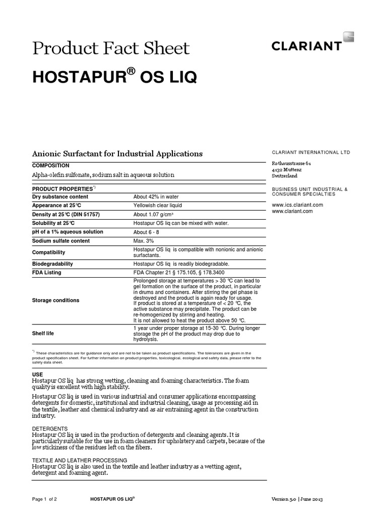 TDS Hostapur OS Liq | PDF | Surfactant | Applied And Interdisciplinary ...