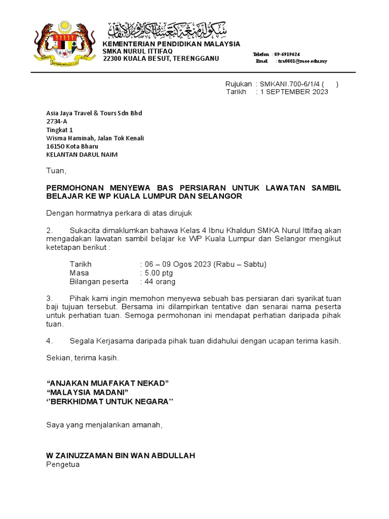 Surat Permohonan Menggunakan Bas Sewa | PDF