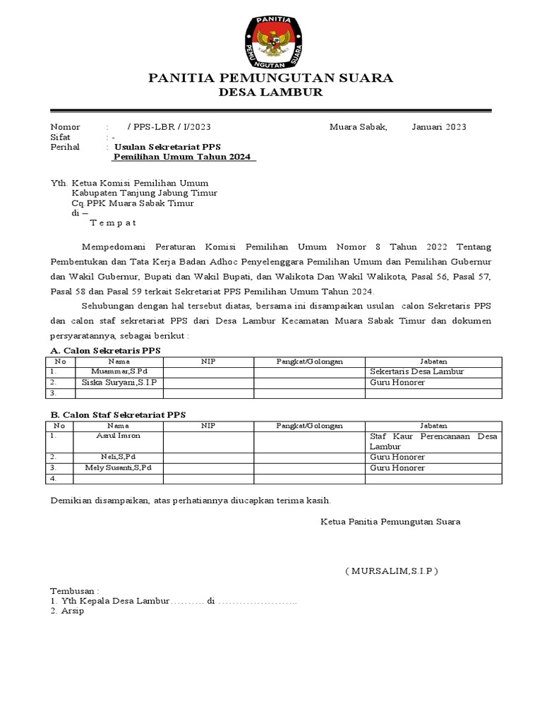 Surat Pengantar Usulan Sekre PPS | PDF