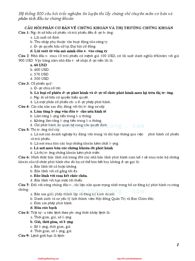 Chung-Khoan - 800-Cau-Hoi-Trac-Nghiem-Phan-Tich-Dau-Tu-Chung-Khoan - (Cuuduongthancong - Com) | PDF