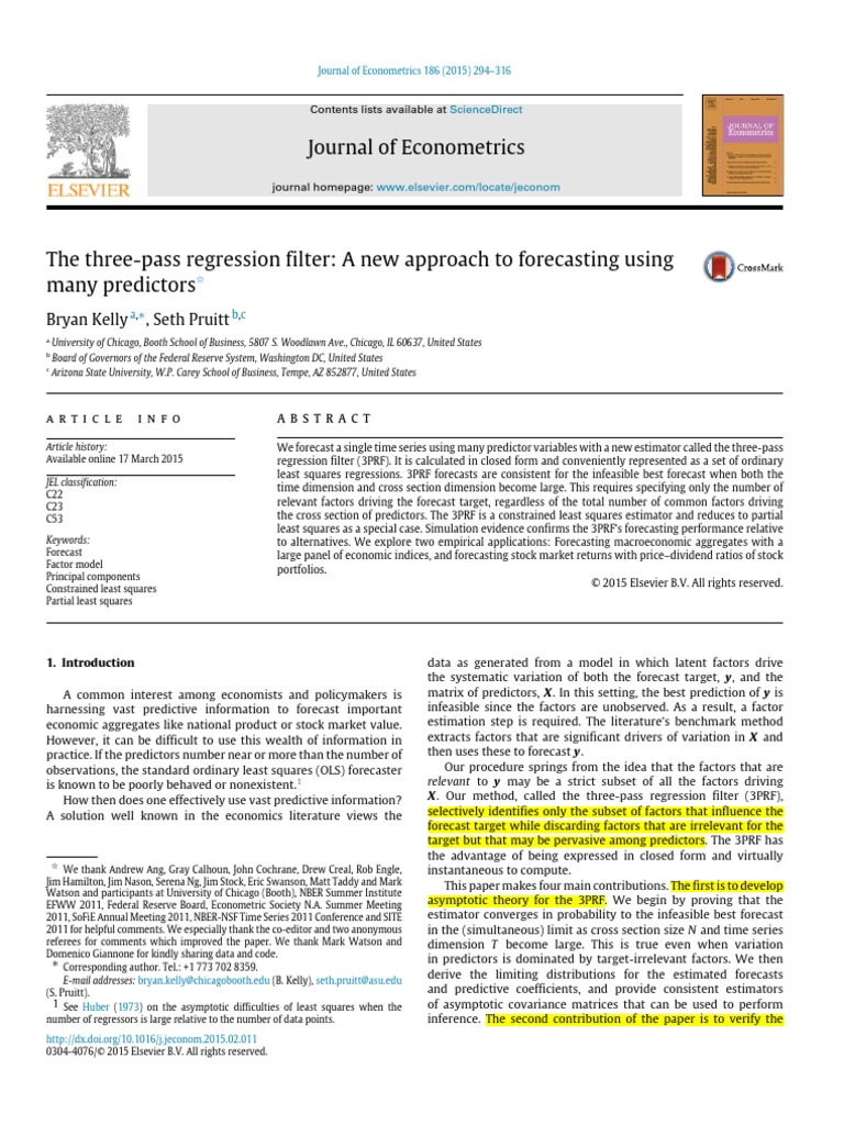 The Three-Pass Regression Filter A New Approach To Forecasting Using ...