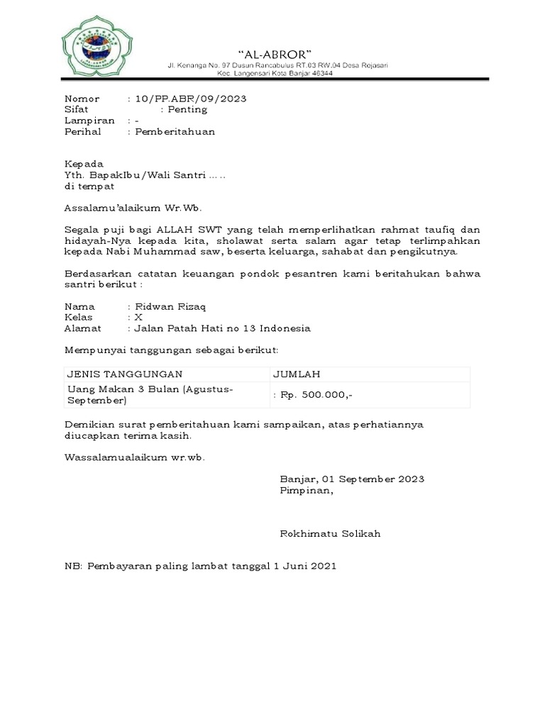 pontren.com - contoh surat tagihan SPP Ponpes | PDF