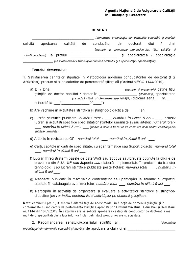 Model Demers Institutie Conducator Doctorat | PDF