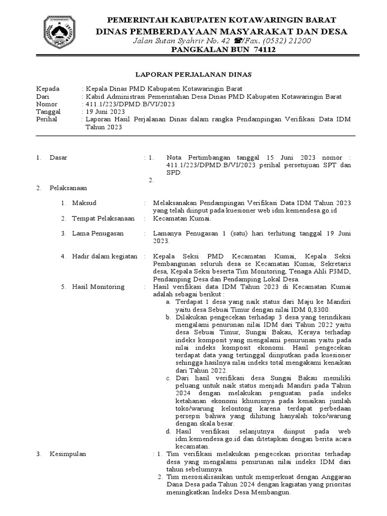 LAPORAN PERJADIN VERIFIKASI IDM 2023 | PDF