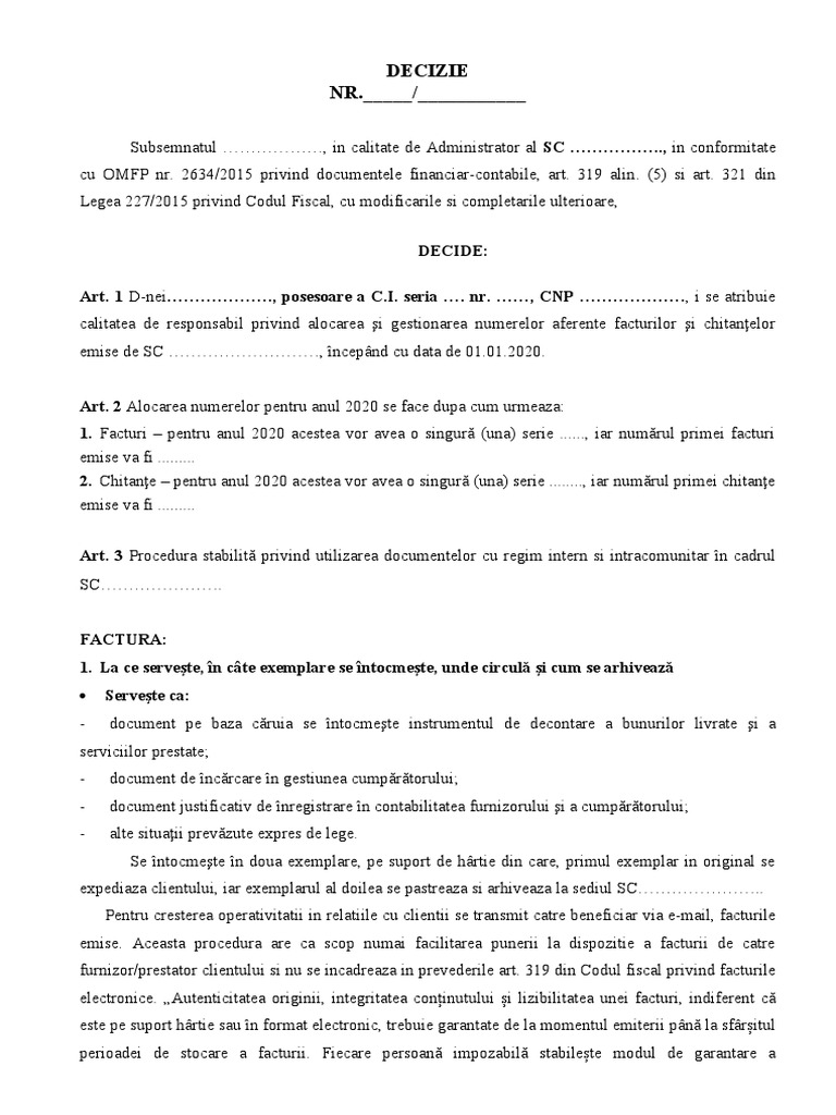 1. Decizie numerotare facturi | PDF