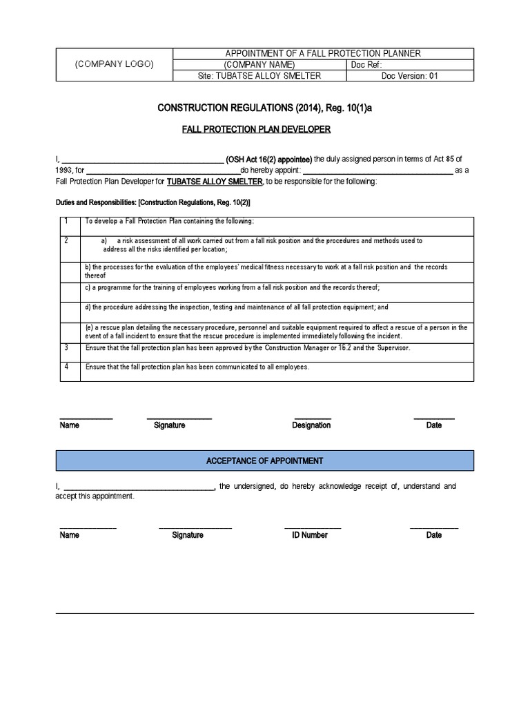 Appointment of Fall Protection Planner | PDF | Safety