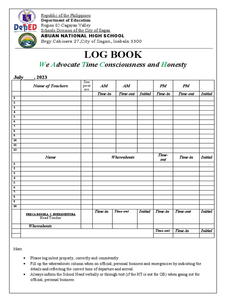 Log Book Time in Time Out | PDF