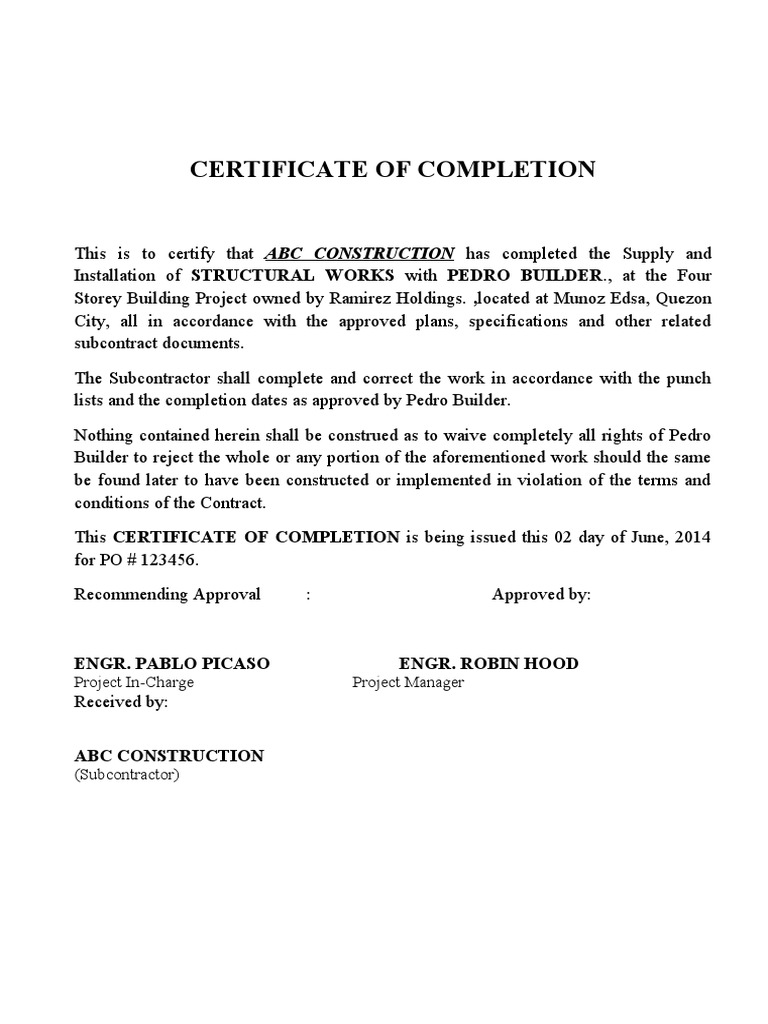 Certificate of Completion - Subcon | PDF