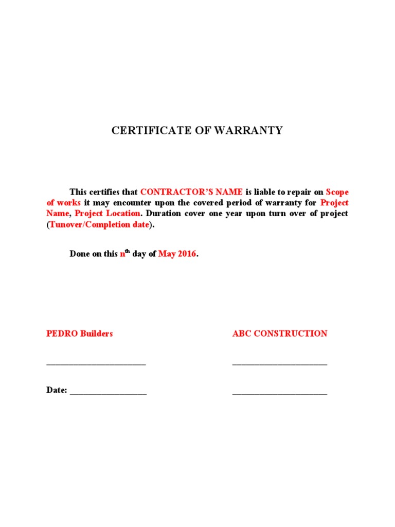 Construction Warranty Certificate Sample | PDF | Technology & Engineering