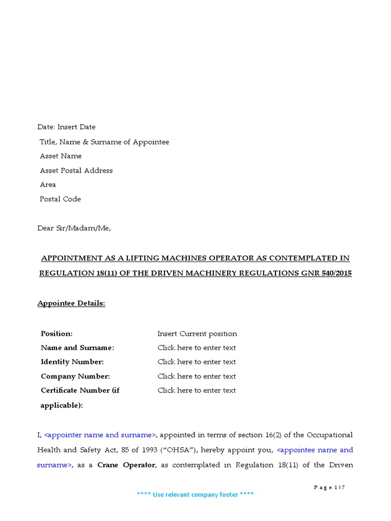Lifting Machines Operator Appointment Letter | PDF | Regulatory ...