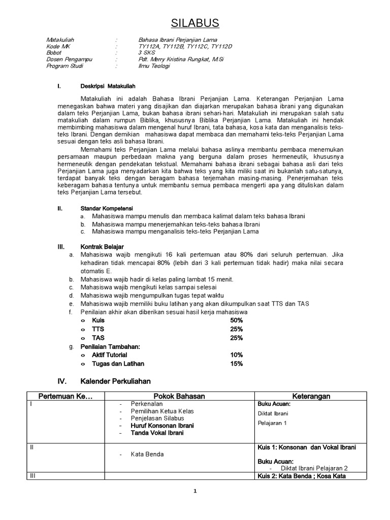 Silabus Bahasa Ibrani PL 2023 | PDF