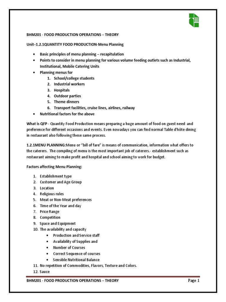 Menu Planning For Quantity Food Production Pdf