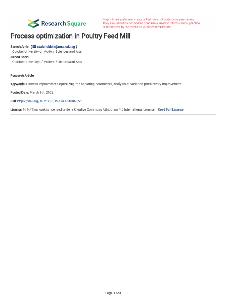 Process Optimization in Poultry Feed Mil | PDF