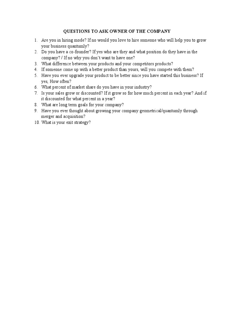 Questions To Ask Owner of The Company | PDF