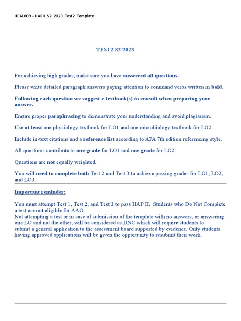 HEAL609-HAP II - S2 - 2023 - Test 2 - Template - Canvas | PDF