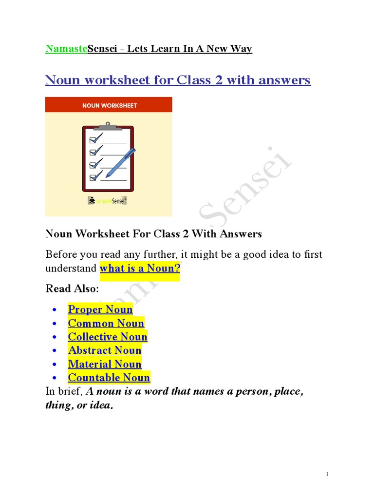 Noun Worksheet For Class 2 With Answers | PDF