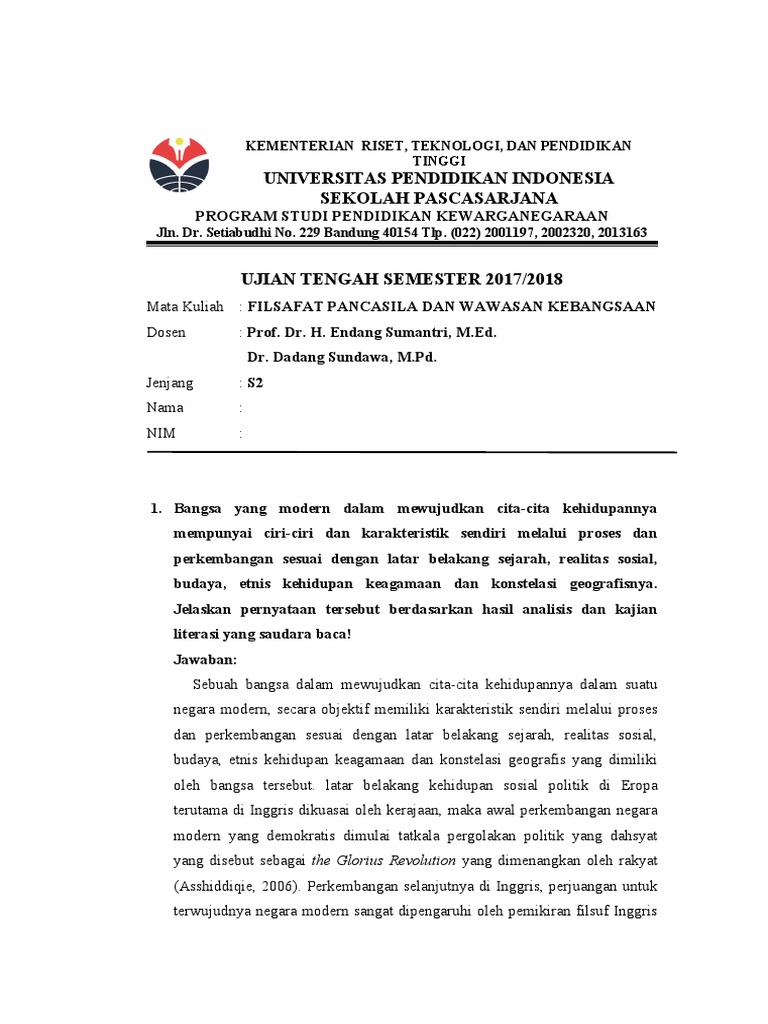Jawaban UTS Filsafat Pancasila & Wawasan Kebangsaan | PDF