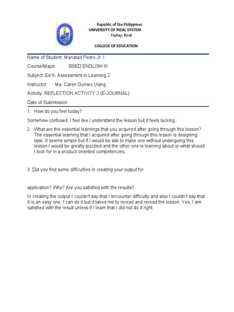 REFLECTION ACTIVITY 2 (E-JOURNAL) Ed 6 - Assessment in Learning 2 | PDF ...