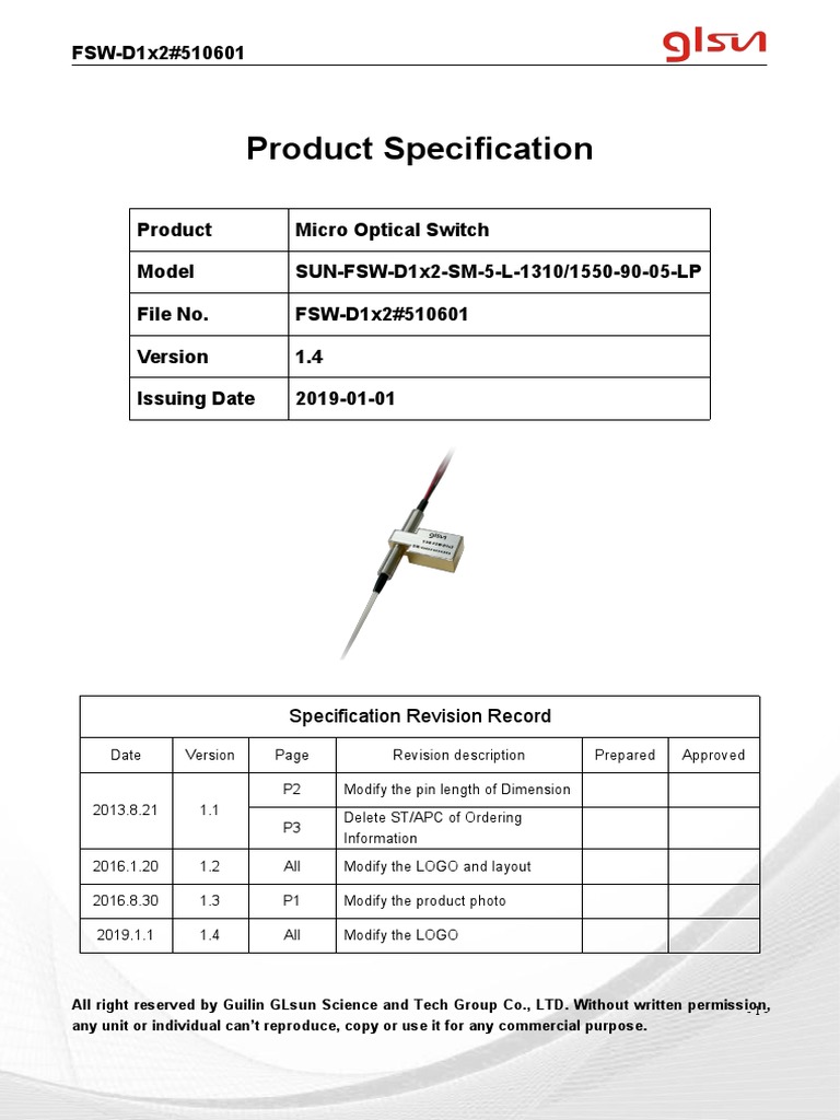 FSW d1x2 Micro Optical Switch Data Sheet 510601 | PDF ...