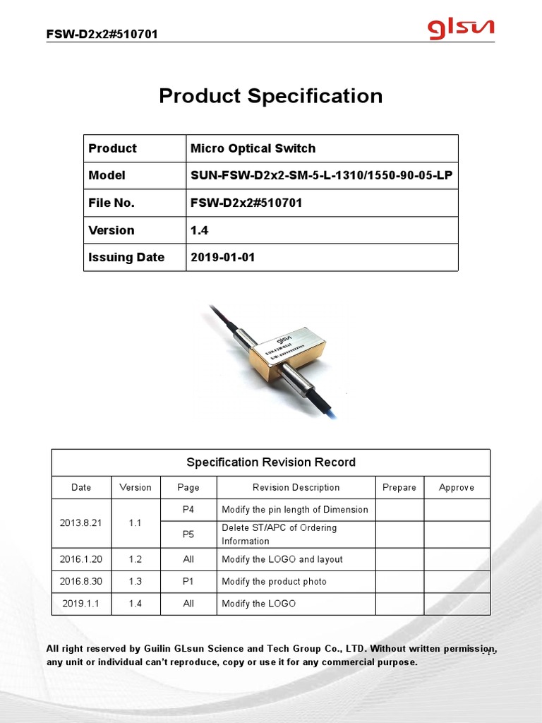 FSW d2x2 Micro Optical Switch Data Sheet 510701 | PDF | Electromagnetism | Electrical Components
