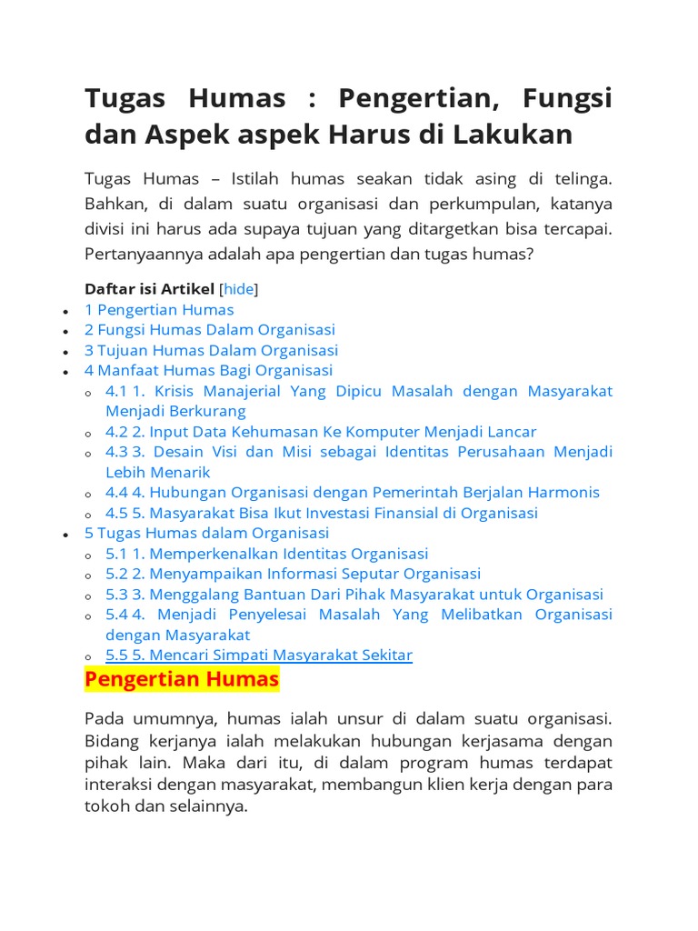 Tugas Humas - Pengertian, Fungsi Dan Aspek Aspek Harus Di Lakukan | PDF ...