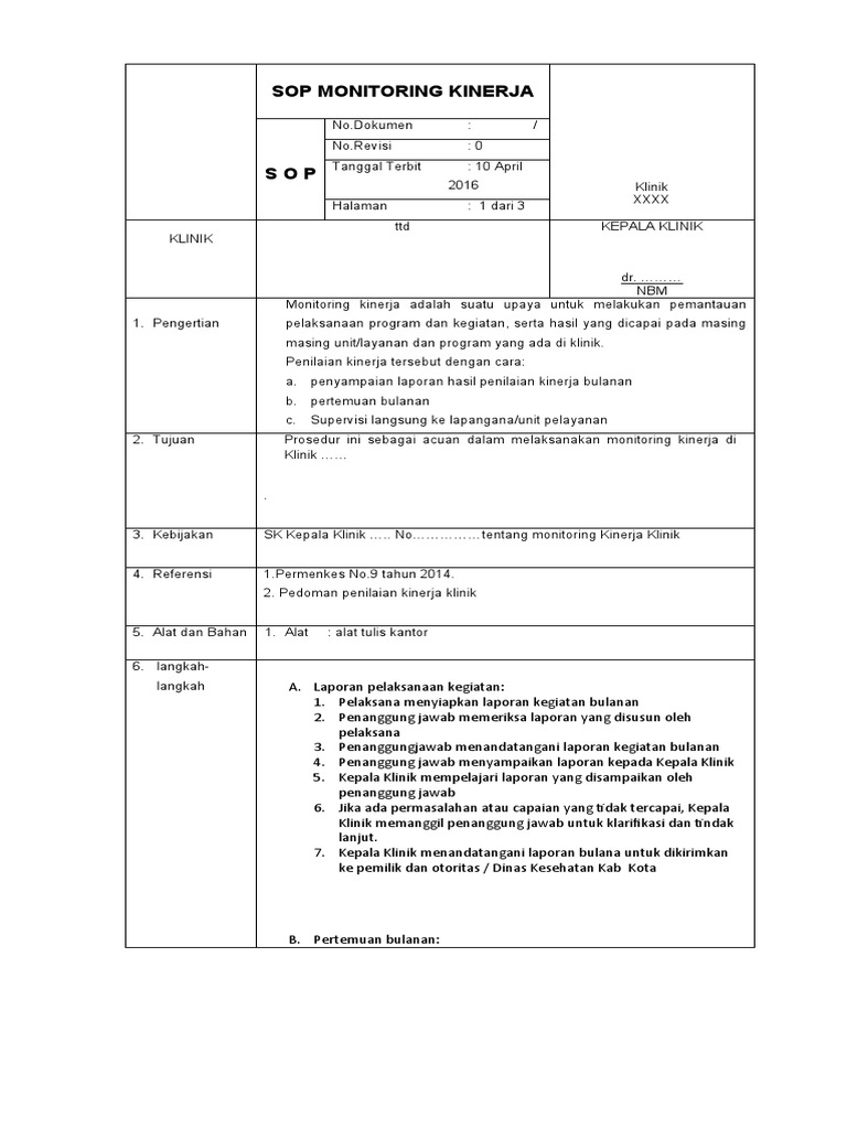 Contoh Sop Monitoring Kinerja Klinik | PDF
