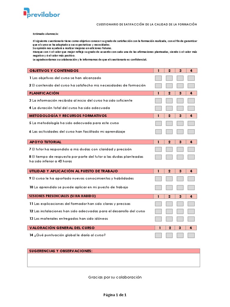 Cuestionario Satisfacción Alumnos | PDF