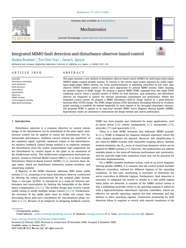 2021 Integrated MIMO Fault Detection and Disturbance Observer-Based Contro | PDF | Control ...