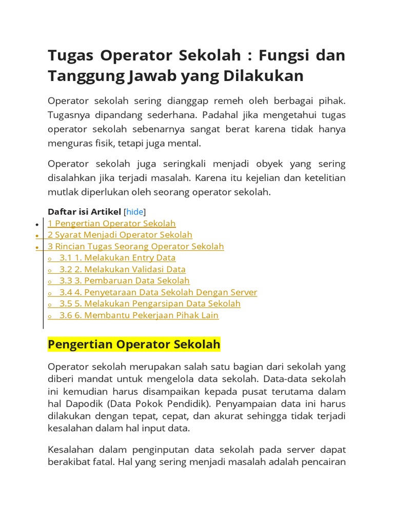 Tugas Operator Sekolah - Fungsi Dan Tanggung Jawab Yang Dilakukan | PDF