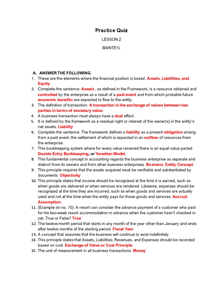 L02 Practice Quiz Answer Key (BAINTE1L) | PDF
