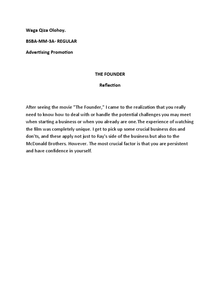Reflection on "The Founder" Film | PDF