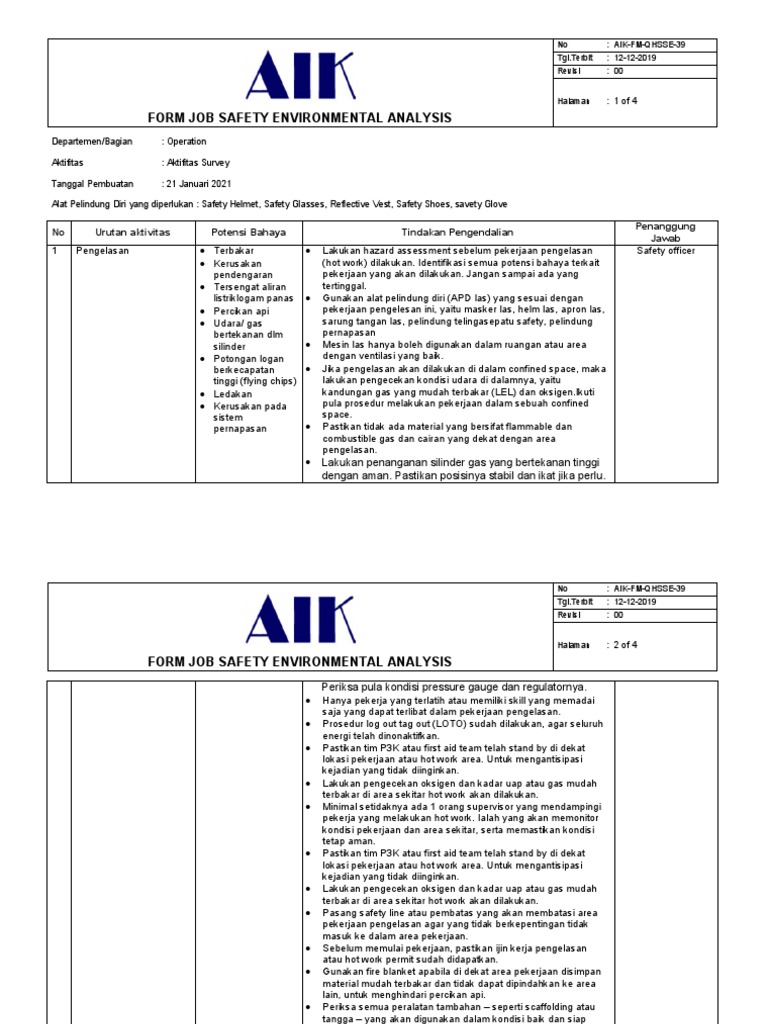 Form Job Safety Environmental Analysis (JSEA) - AIK-FM-QHSSE-39 - Aktifitas Survey OK | PDF