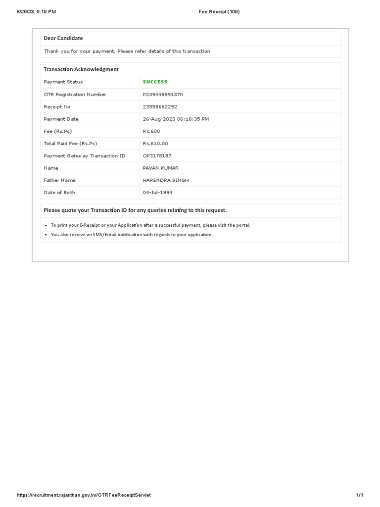 OTR Fee Receipt Confirmation | PDF