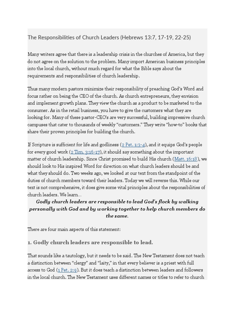 The Responsibilities of Church Leaders | PDF | Elder (Christianity ...