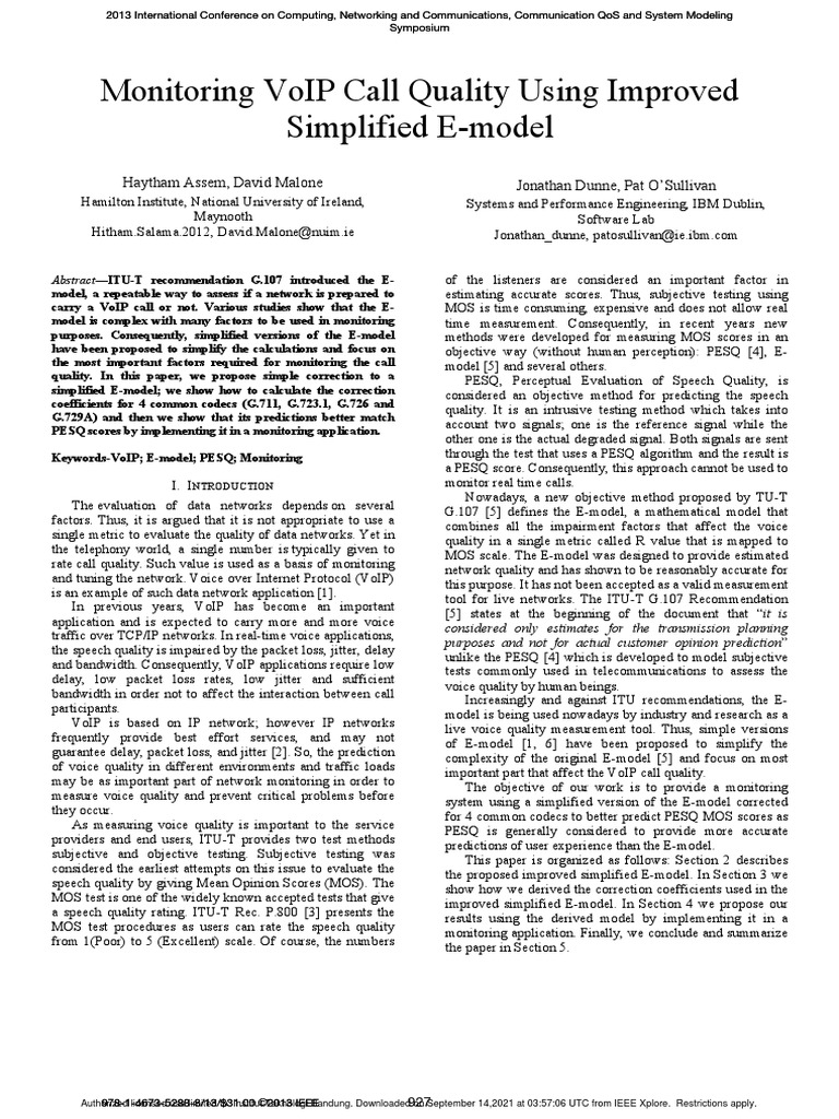 Monitoring Voip Call Quality Using Improved Simplified E Model Pdf