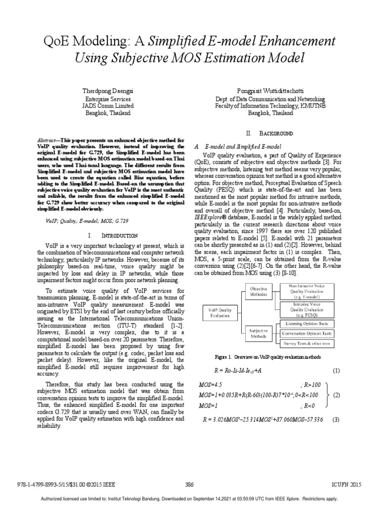 QoE Modeling A Simplified E-Model Enhancement Using Subjective MOS ...