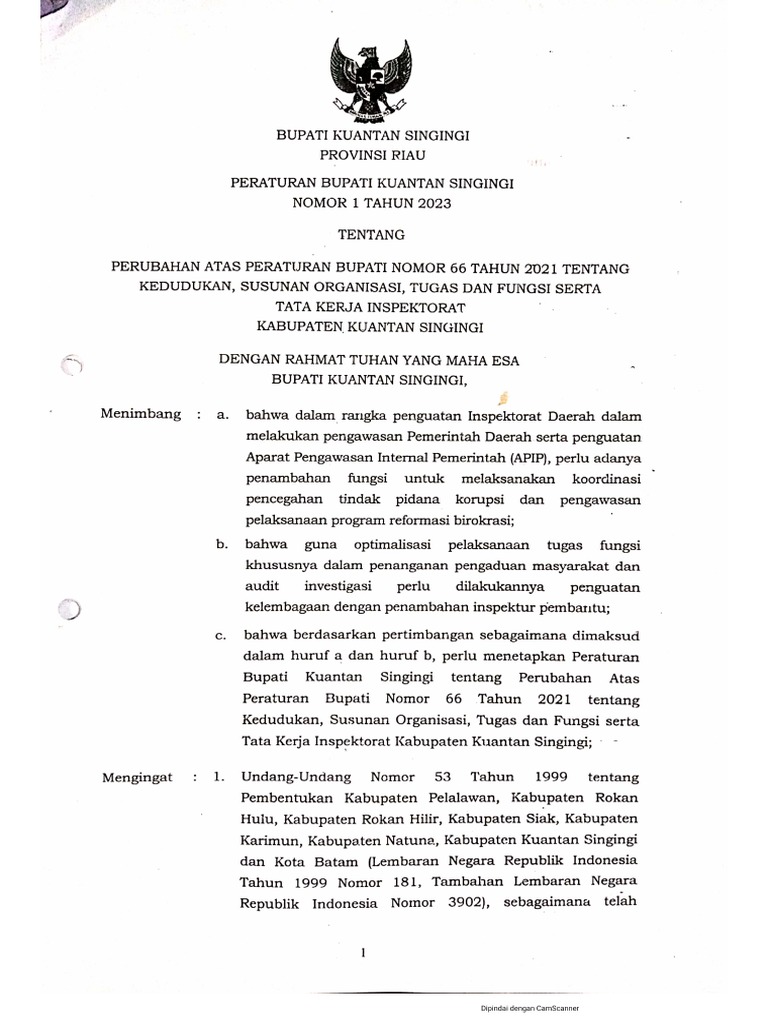 PERBUP Nomor 1 Tahun 2023 TTG Perubahan SOTK Inspektorat | PDF