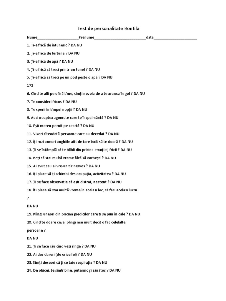 Test de Personalitate Bontila | PDF