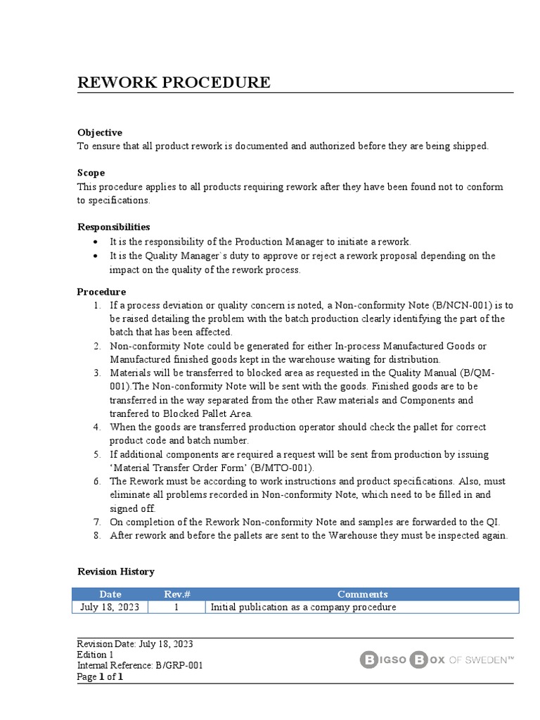 Rework Procedure for Non-Conforming Products | PDF | Business