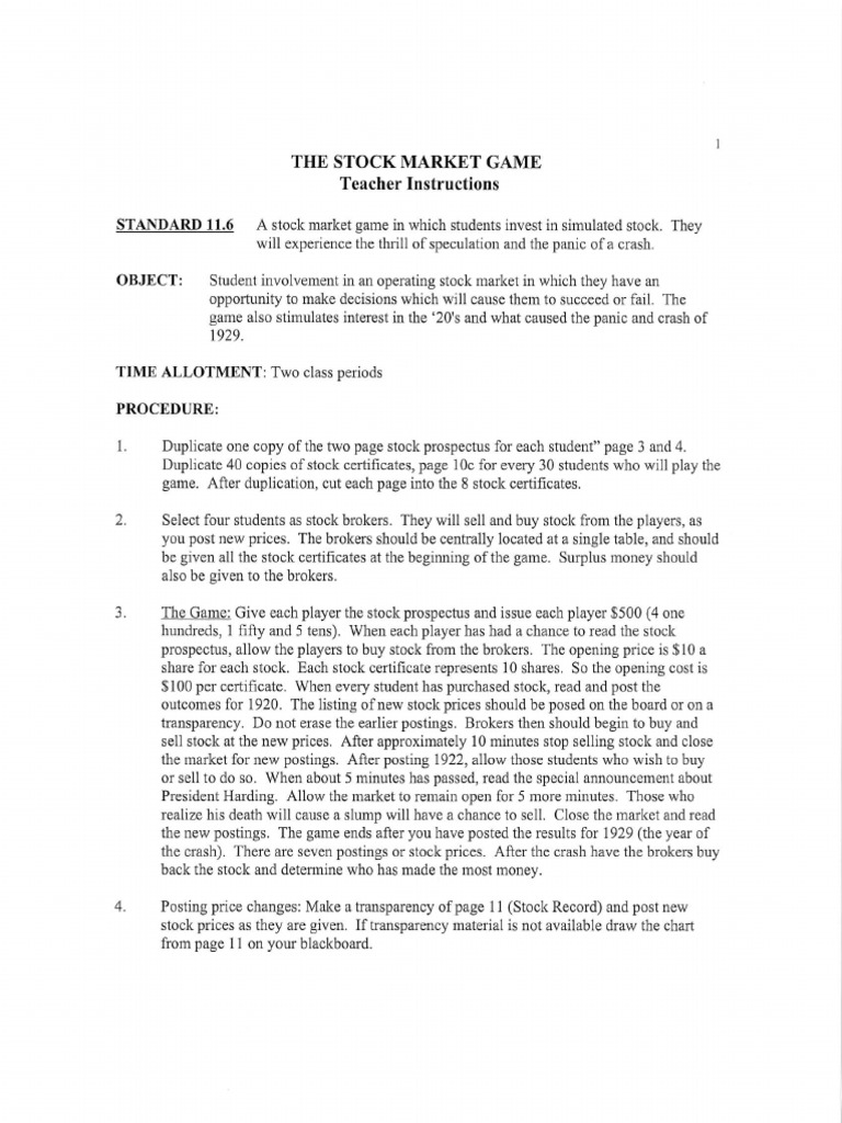 Stock Market Simulation Teacher | PDF